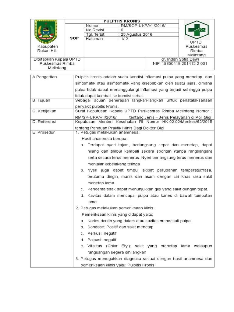 SOP Pulpitis Kronis di Puskesmas | PDF