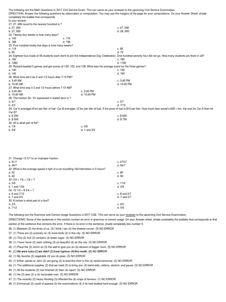 2017 Civil Service Exam Math and English Questions | PDF | Fraction ...