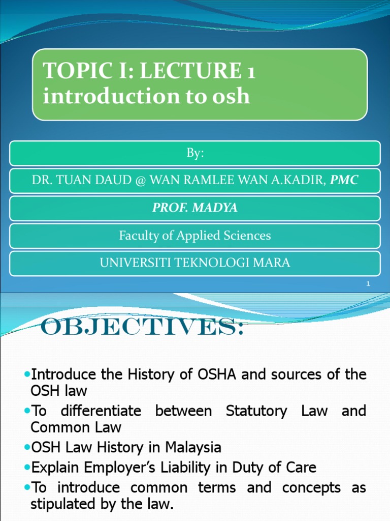 1 Introduction To OSH and History of OSH | Negligence | Duty Of Care