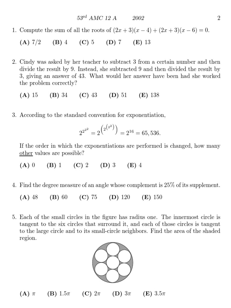 2002 AMC 12A Problems | PDF | Area | Fraction (Mathematics)