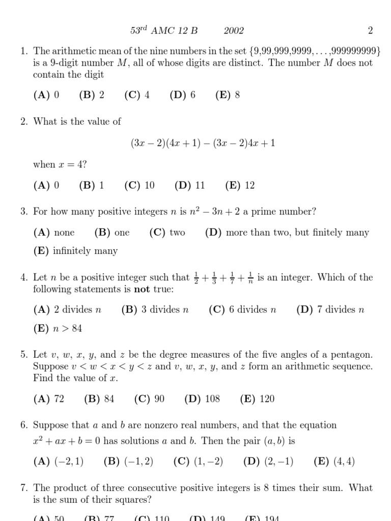 2002 AMC 12B Problem Set | PDF | Prime Number | Numbers