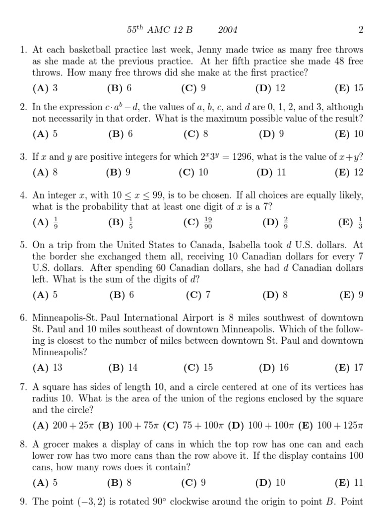 2004 AMC 12B Problems | PDF | Radius | Sphere