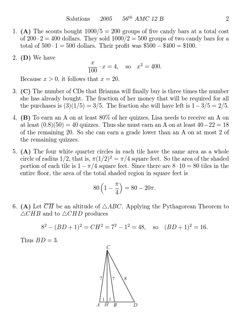 AMC 12B 2005 Solutions Overview | PDF | Euclidean Geometry | Elementary ...
