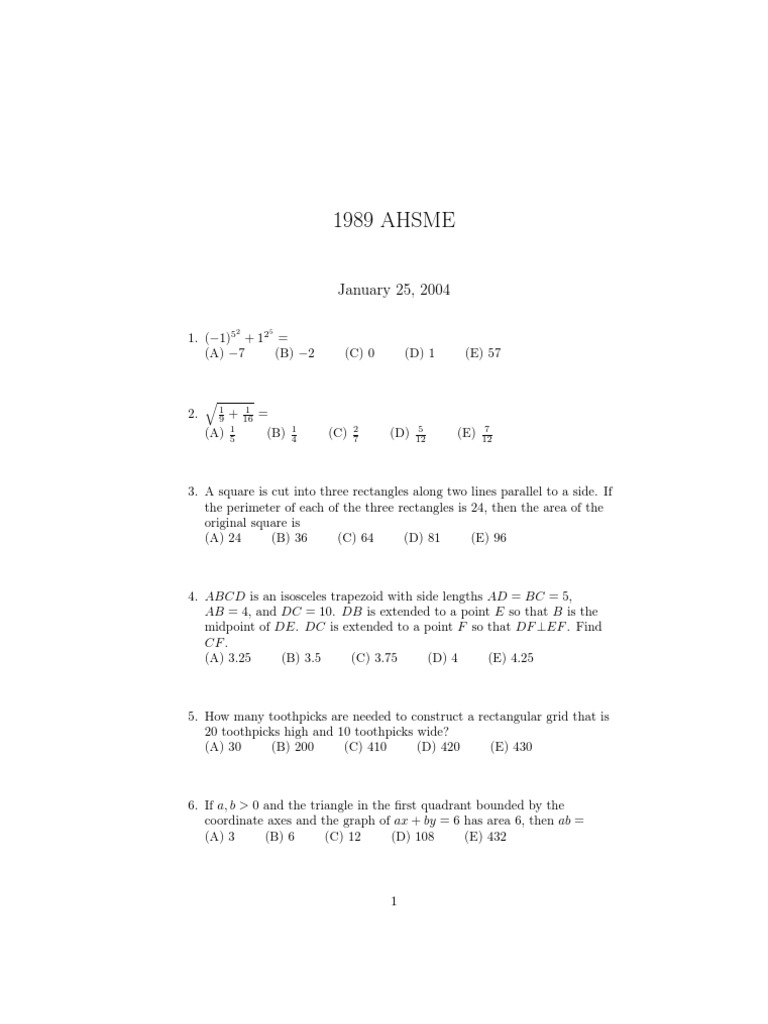 AHSME 1989 Problems | PDF | Area | Rectangle