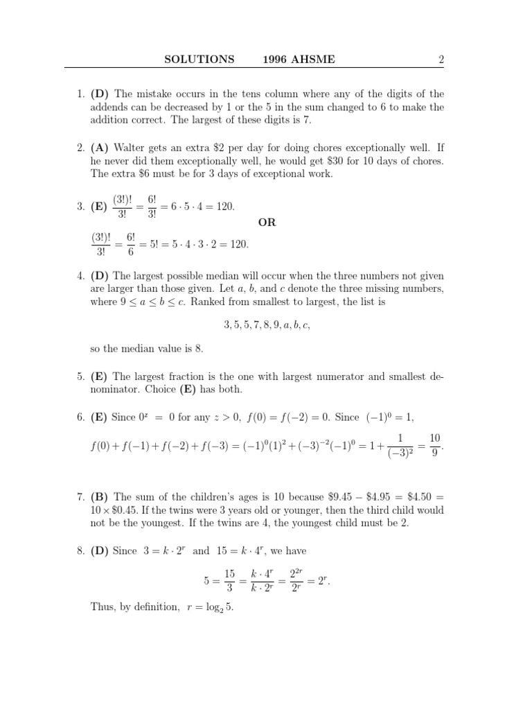 AHSME 1996 Solutions | PDF | Triangle | Area