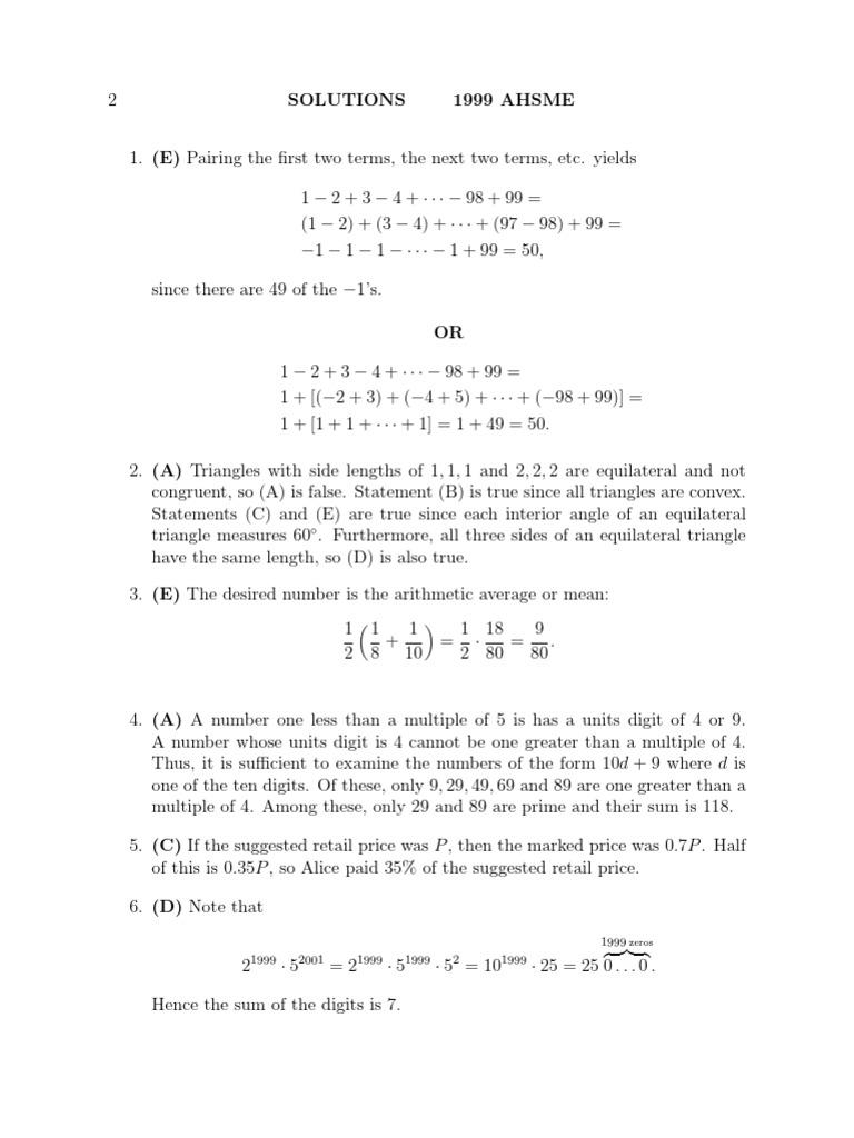 AHSME 1999 Solutions | PDF | Polynomial | Triangle