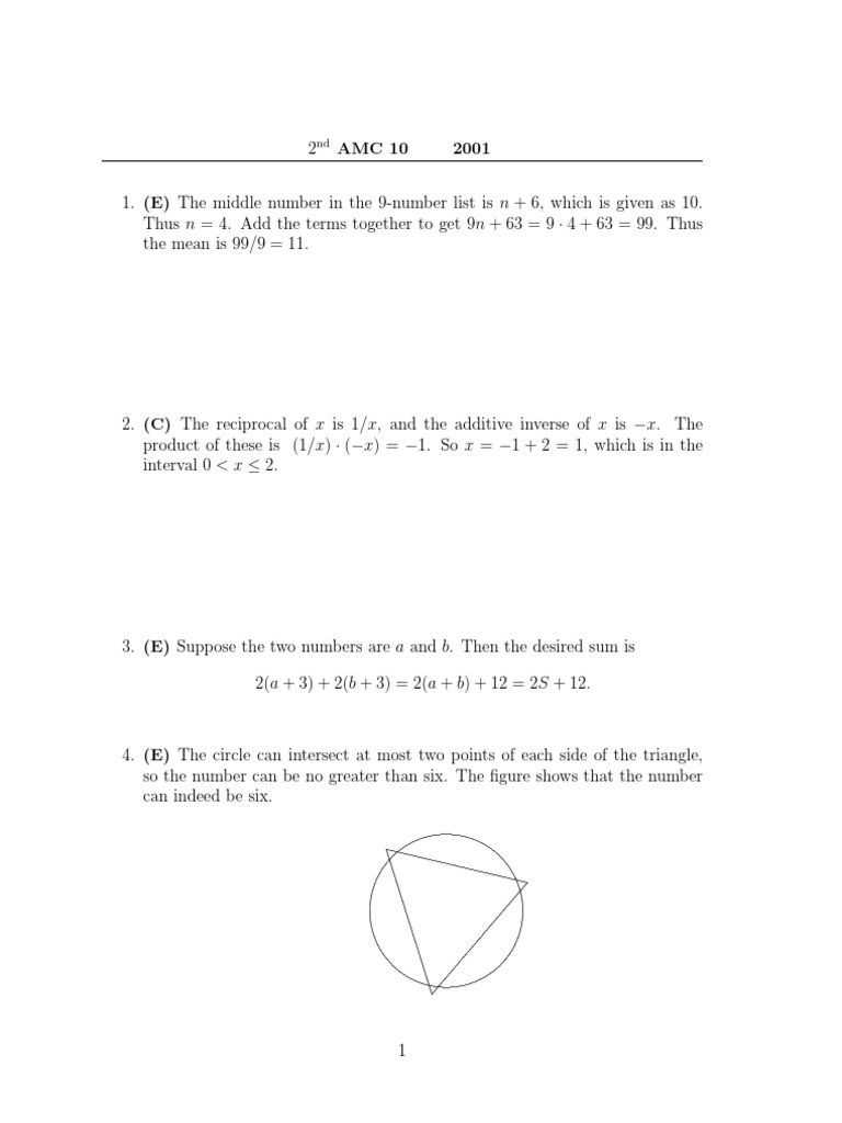 2001 AMC 10 Solutions | PDF | Discrete Mathematics | Geometry