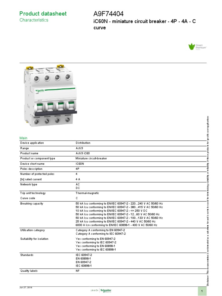 Product Datasheet: iC60N - Miniature Circuit Breaker - 4P - 4A - C ...