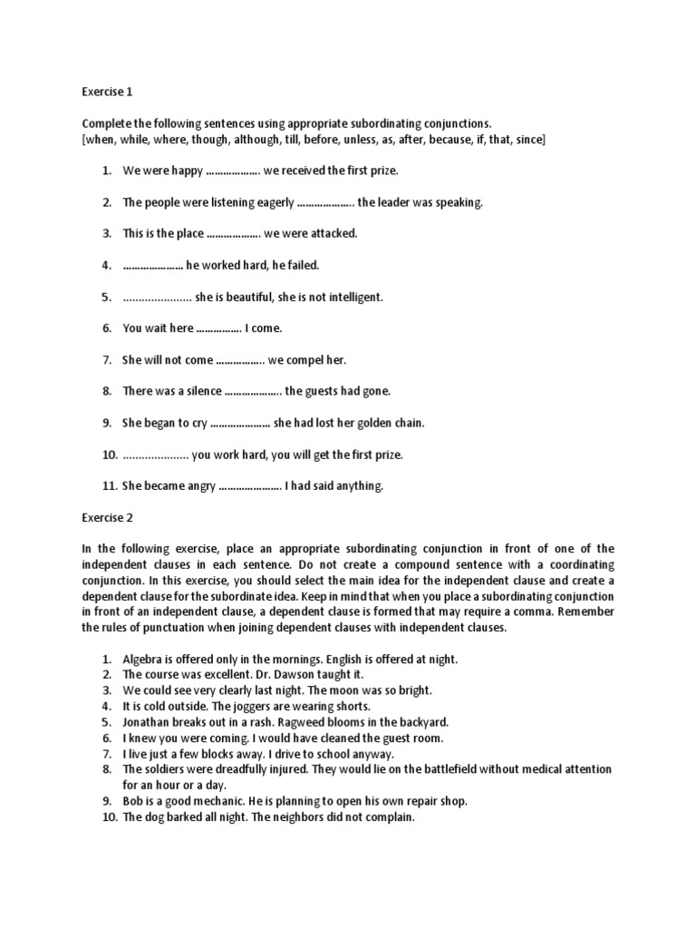 Subordinating Conjunctions Exercise | PDF | Linguistics | Syntax