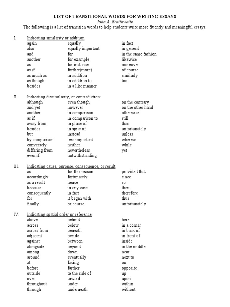 List of Transitional Words For Writing Essays: John A. Braithwaite | PDF