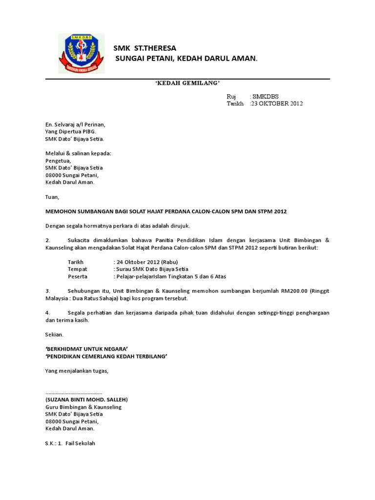 Contoh Surat Mohon Sumbangan Pibg | PDF