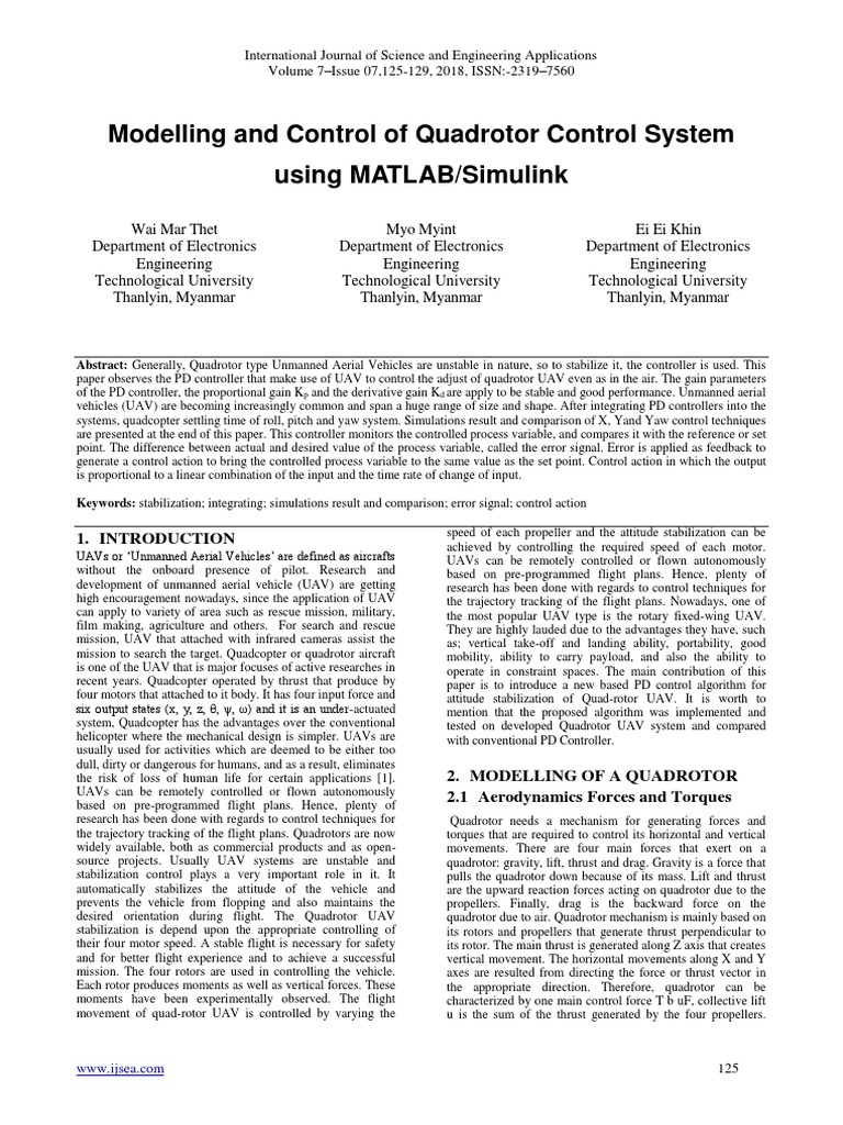 Modelling and Control of Quadrotor Control System Using MATLAB/Simulink ...