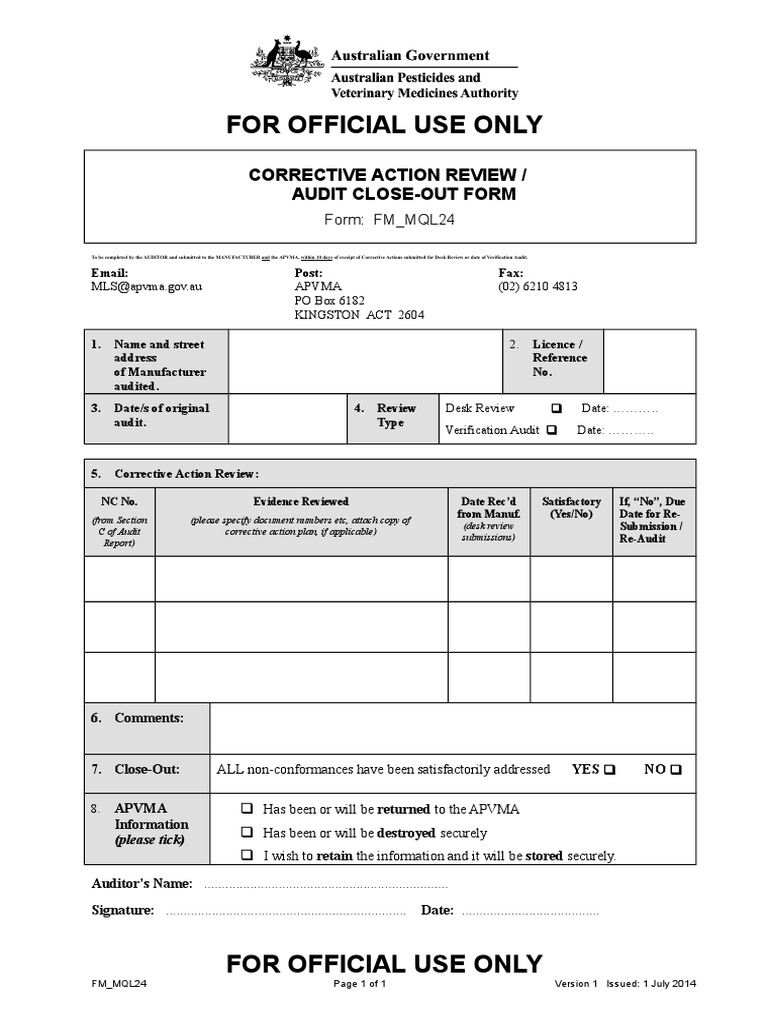 For Official Use Only: Corrective Action Review / Audit Close-Out Form ...