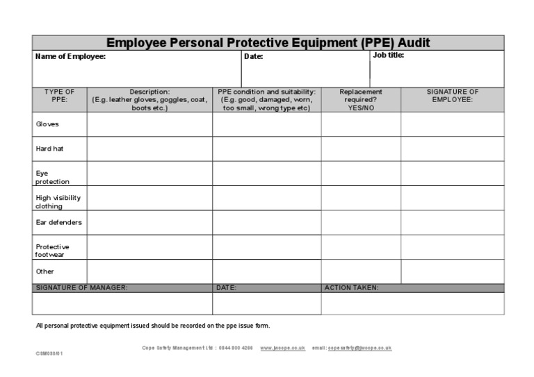 Ppe Audit Sheet | Personal Protective Equipment | Sports Equipment