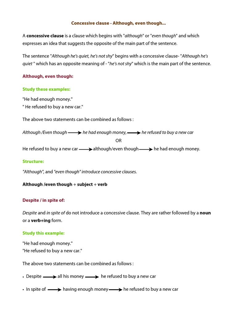 Concessive clauses - Although, even though introduce opposite ideas ...