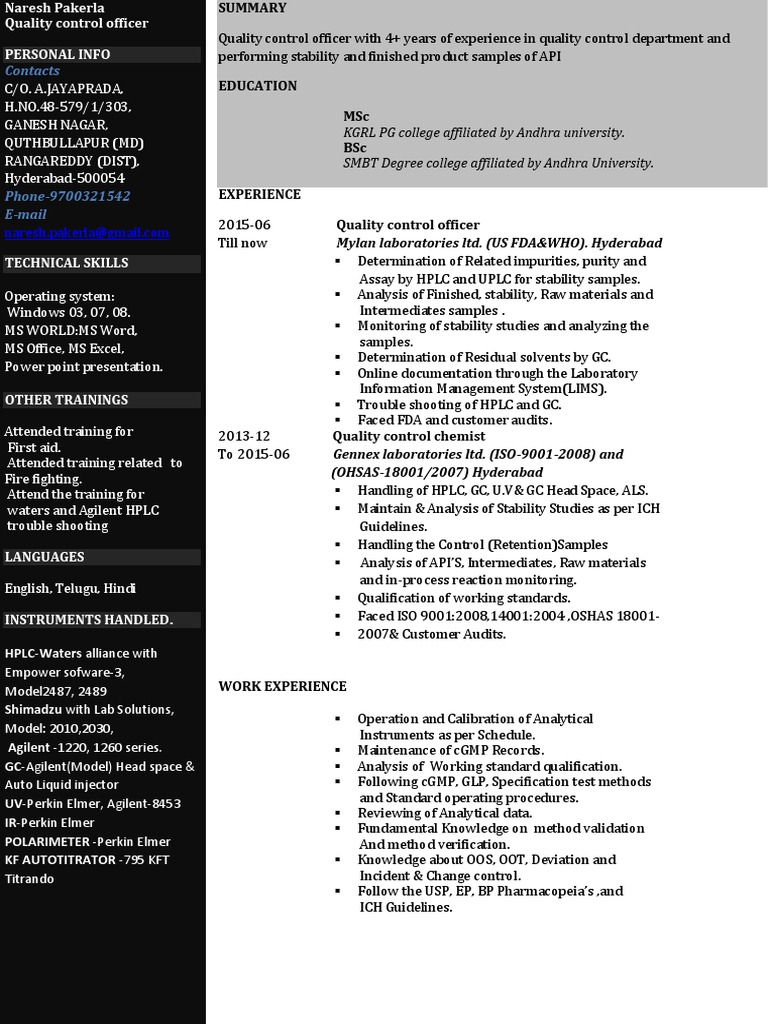 Quality Control CV With 4+ Years of Experience | PDF | High Performance ...