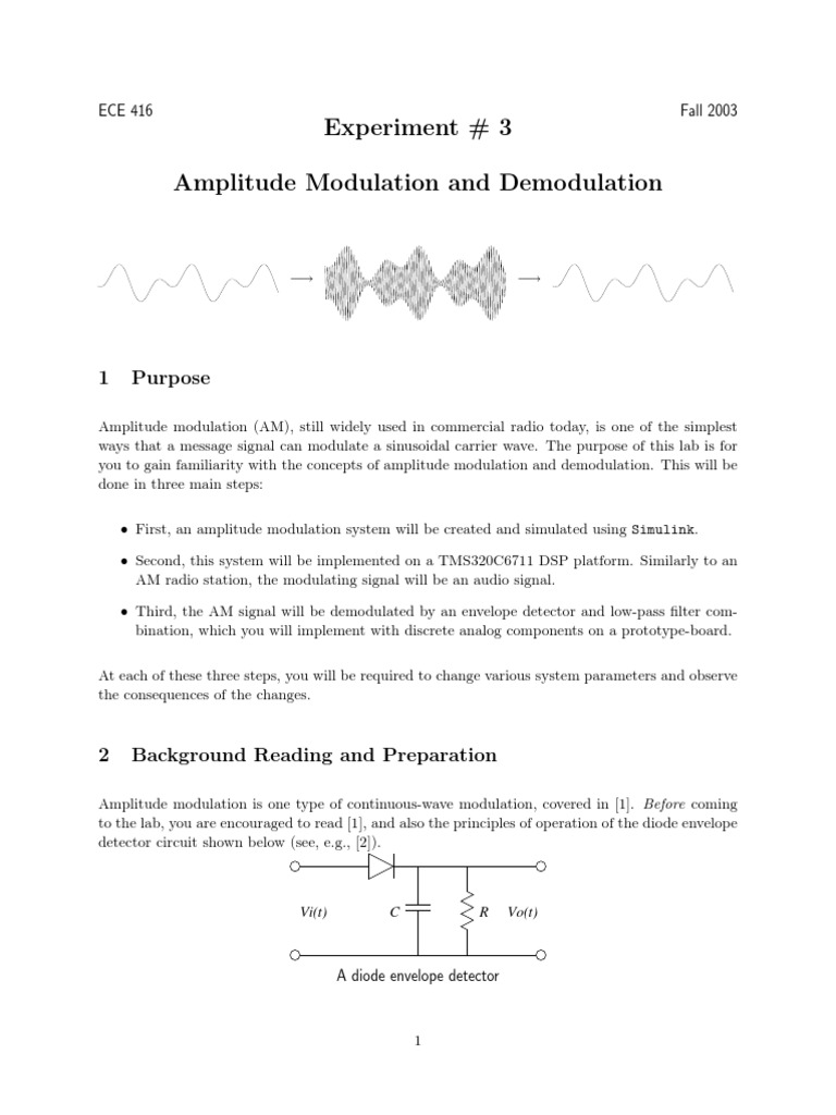 Experiment # 3 Amplitude Modulation and Demodulation: 1 Purpose | PDF ...
