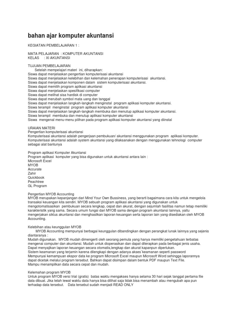 Bahan Ajar Komputer Akuntansi | PDF | Bisnis | Pengelolaan Keuangan & Uang