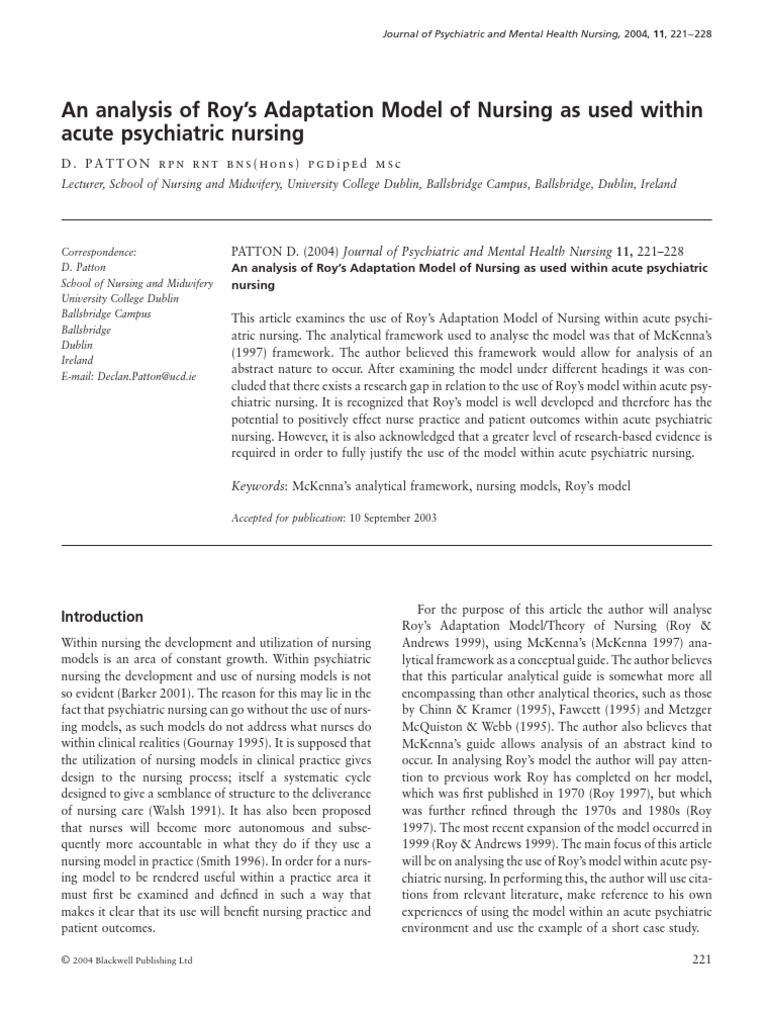 An Analysis of Roy's Adaptation Model Used in A Psych Ward | PDF ...