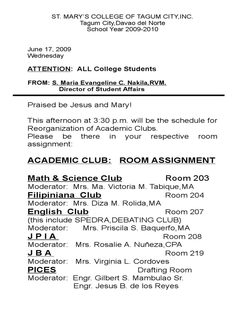 Academic Club: Room Assignment Math & Science Club Filipiniana Club ...