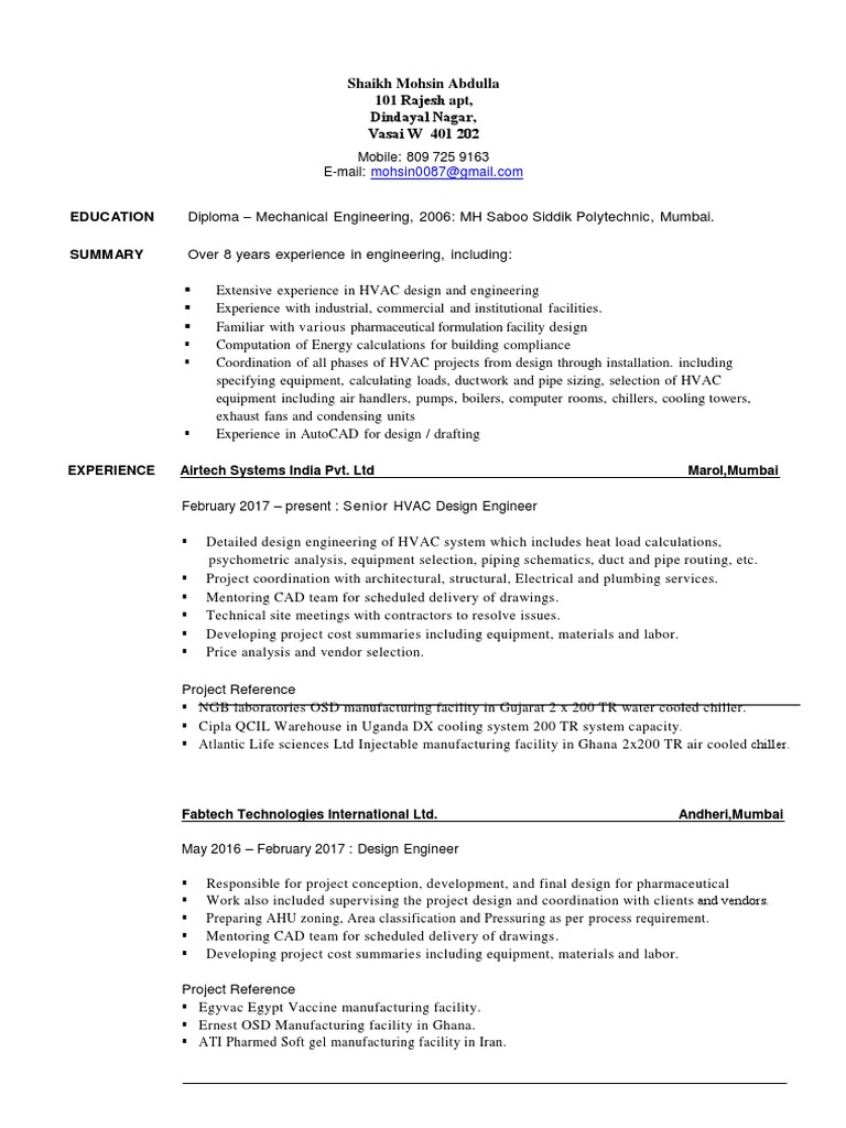 Mohsin Resume | PDF | Hvac | Duct (Flow)