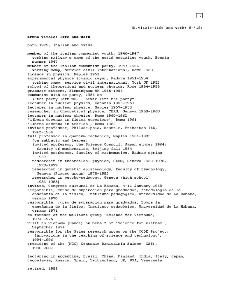 Bruno Vitale-Life and Work | PDF | Geneva | Physics