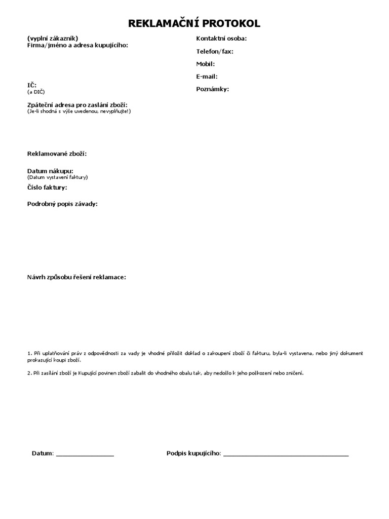 Reklamační list vzor