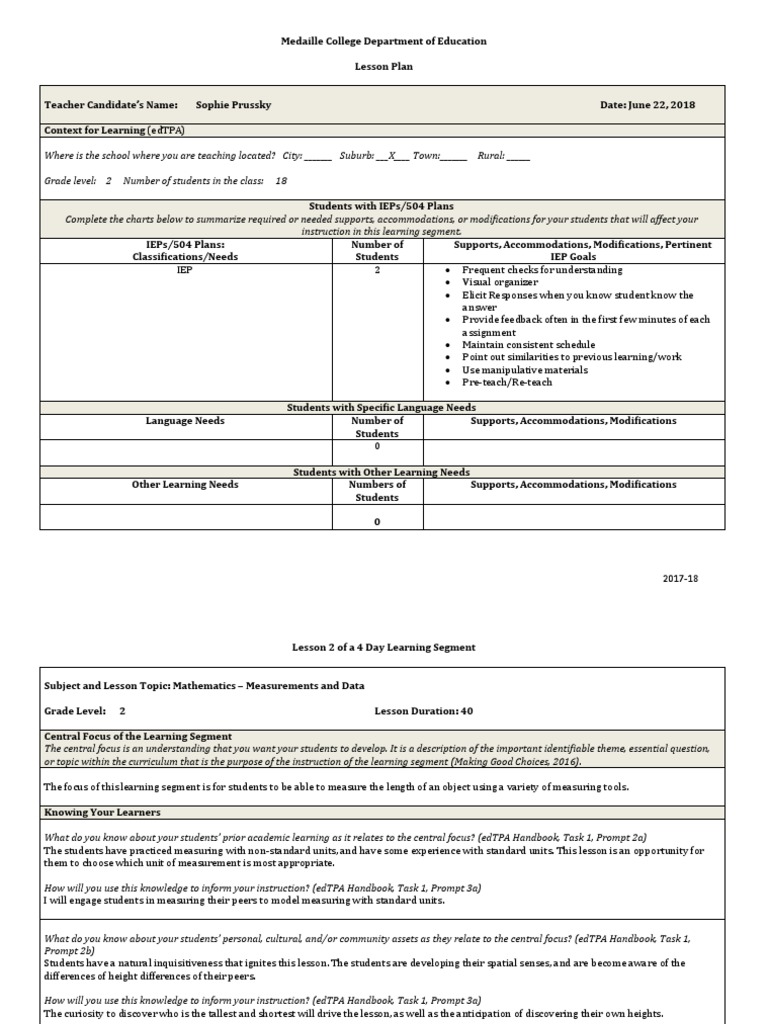 Grade 2 Measurement Lesson Plan | PDF | Educational Assessment ...