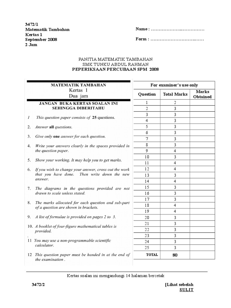 Add Math P1 Trial 2008 (New) | PDF | Quadratic Equation | Trigonometric ...