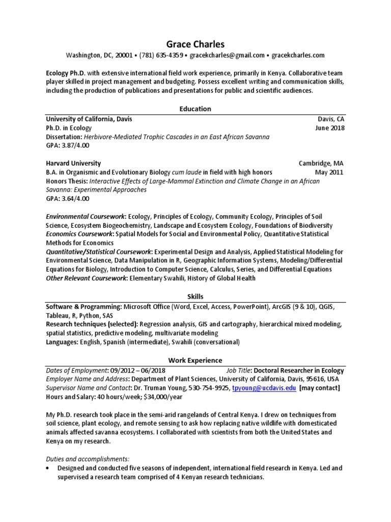 Charles Resume Pmf-Ao-2018-2013 | PDF | Graduate School | Ecology