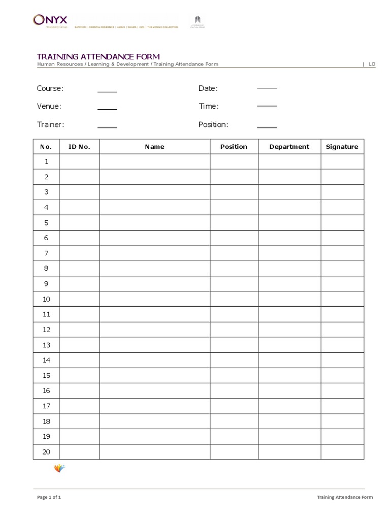 Course: Date: Venue: Time: Trainer: Position:: Training Attendance Form ...