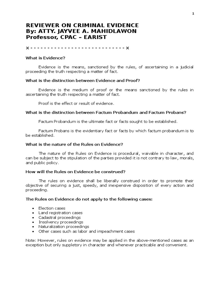Reviewer On Criminal Evidence | PDF | Evidence | Witness