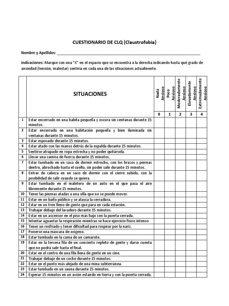 Cuestionario de CLQ - Claustrofobia | PDF | Ocio