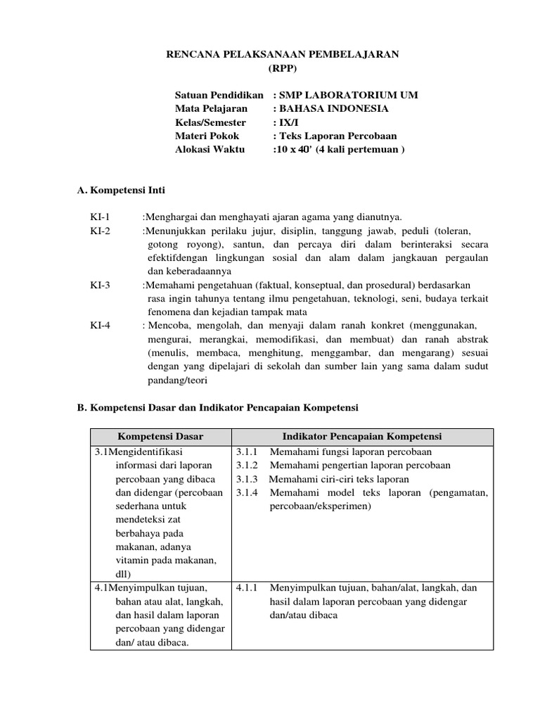 RPP Laporan Percobaan Kelas IX - K13 BINDO | PDF