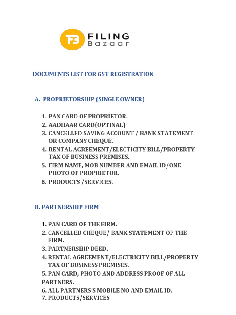 Documents List For GST Registration | PDF