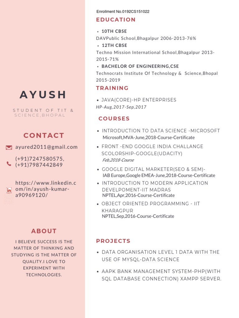 Ayush Kumar's Resume: Education, Skills, Certifications and Achievements of a Computer Science ...