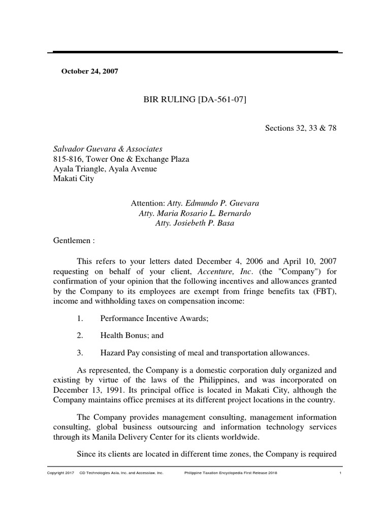 Bir Ruling (Da 561 07) | PDF | Employee Benefits | Overtime