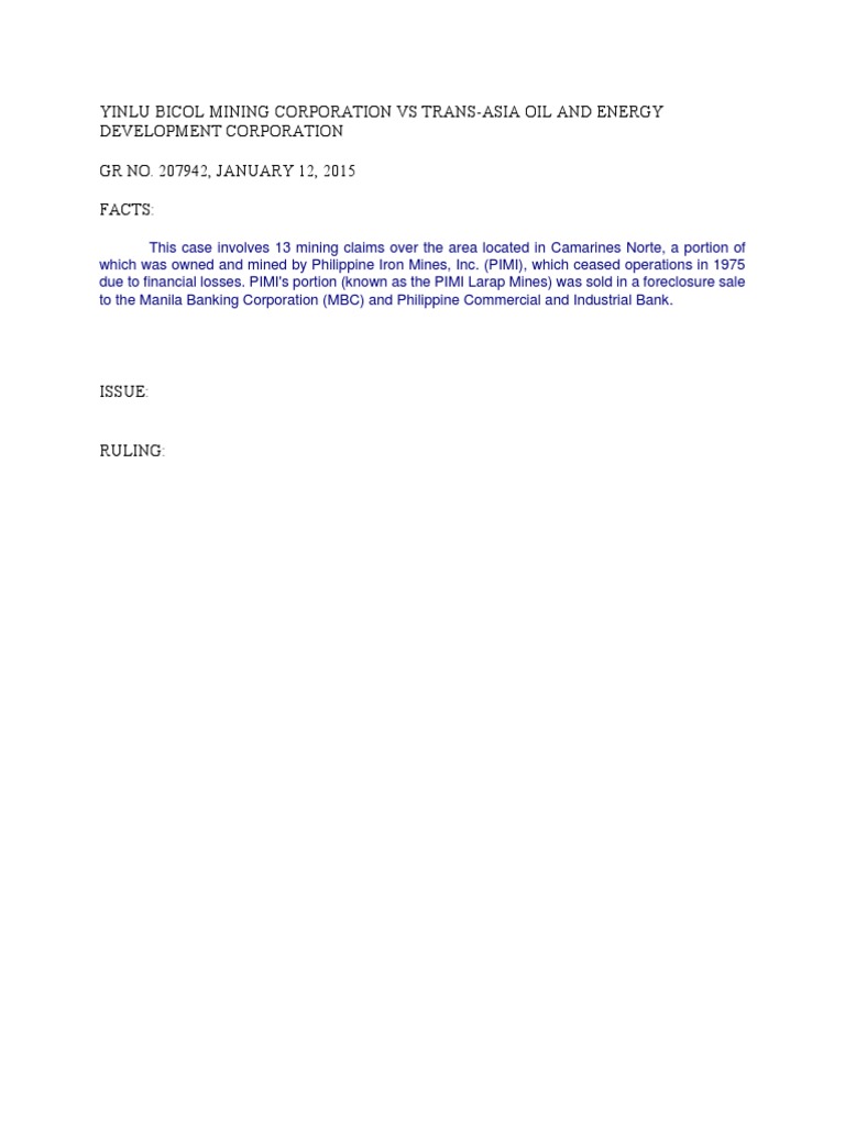Yinlu Bicol Mining Corp Vs Transasia | PDF