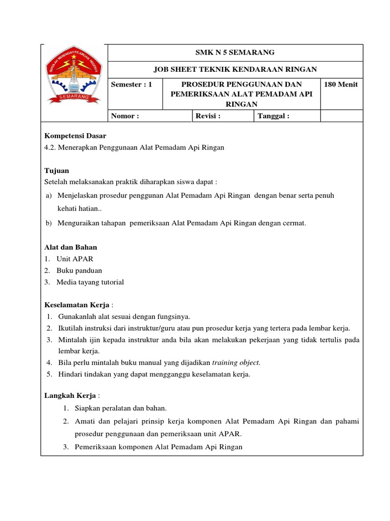 Job Sheet Choirul Fatah OTO TDO (APAR) KD 3.2 - 4.2 | PDF