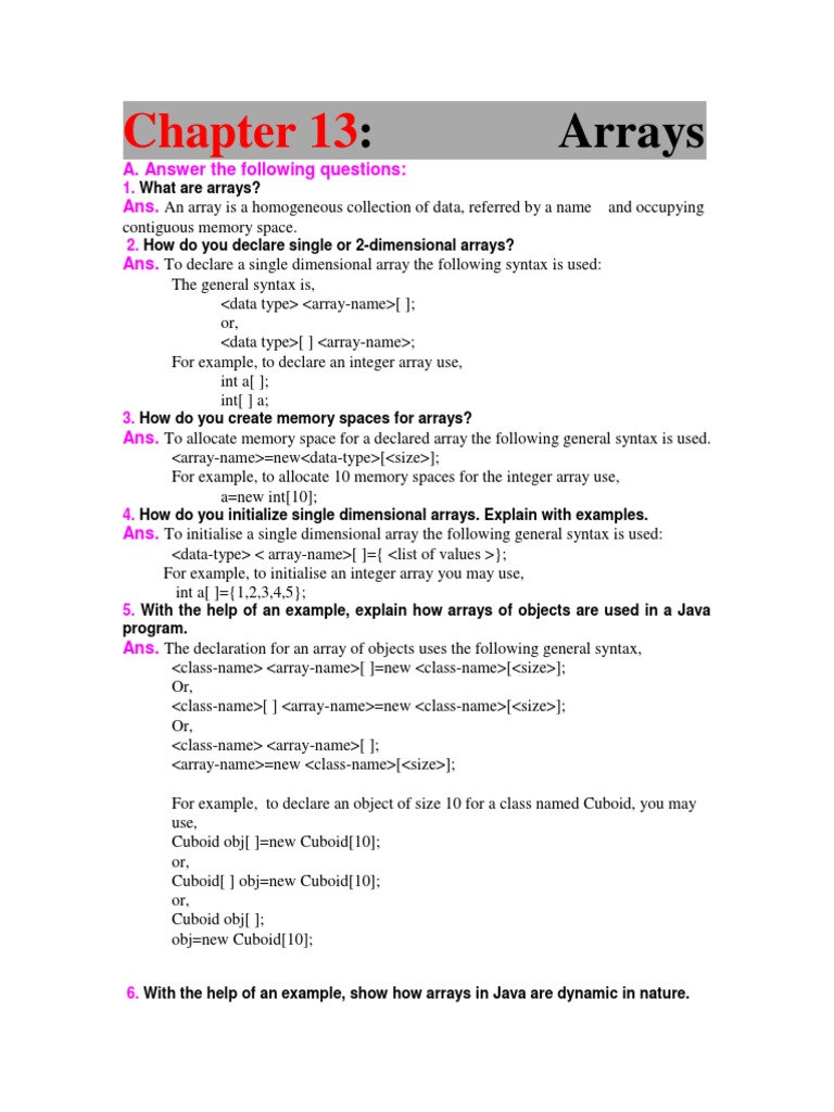 Arrays: A. Answer The Following Questions: Ans | PDF | Array Data ...