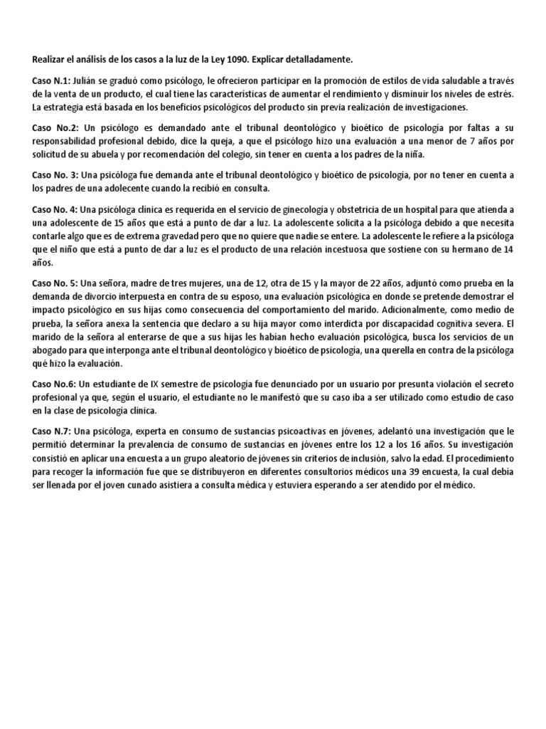 Casos Etica Ley 1090 | PDF | Bioética | Adolescencia