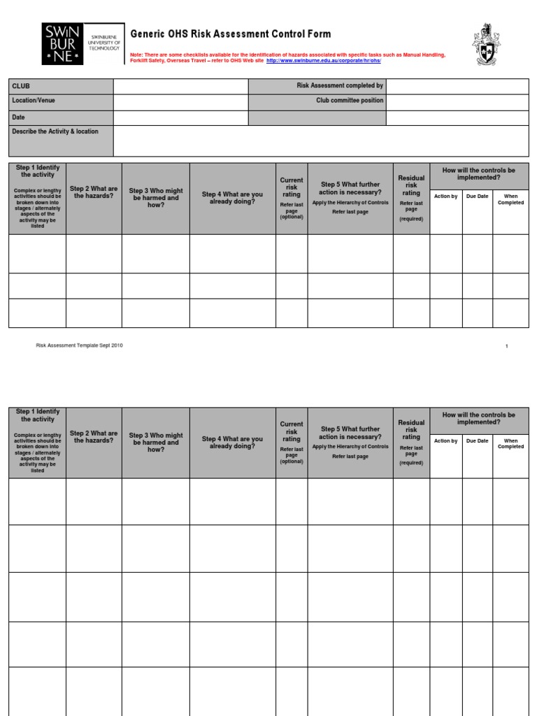 Generic OHS Risk Assessment Control Form: Forklift Safety, Overseas ...