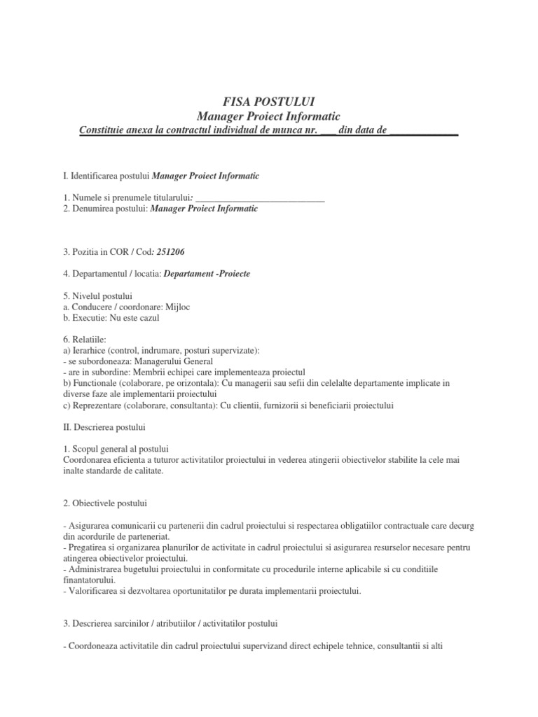 Fisa Postului Manager Proiect | PDF