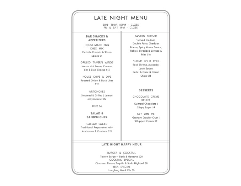 Late Night Menu Late Night Menu: Bar Snacks & Appetizers Bar Snacks ...