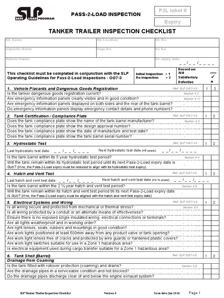 Tanker Trailer Inspection Checklist Jun 2015 | PDF | Valve | Electrical ...