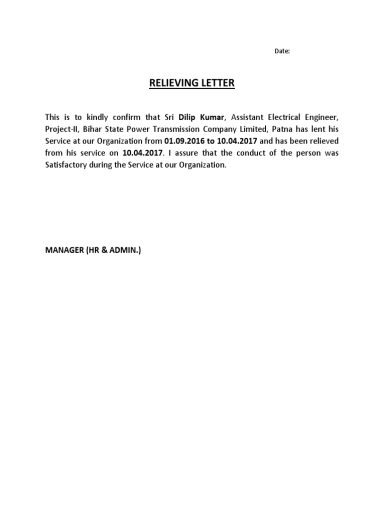 Relieving Letter for Sri Dilip Kumar | PDF