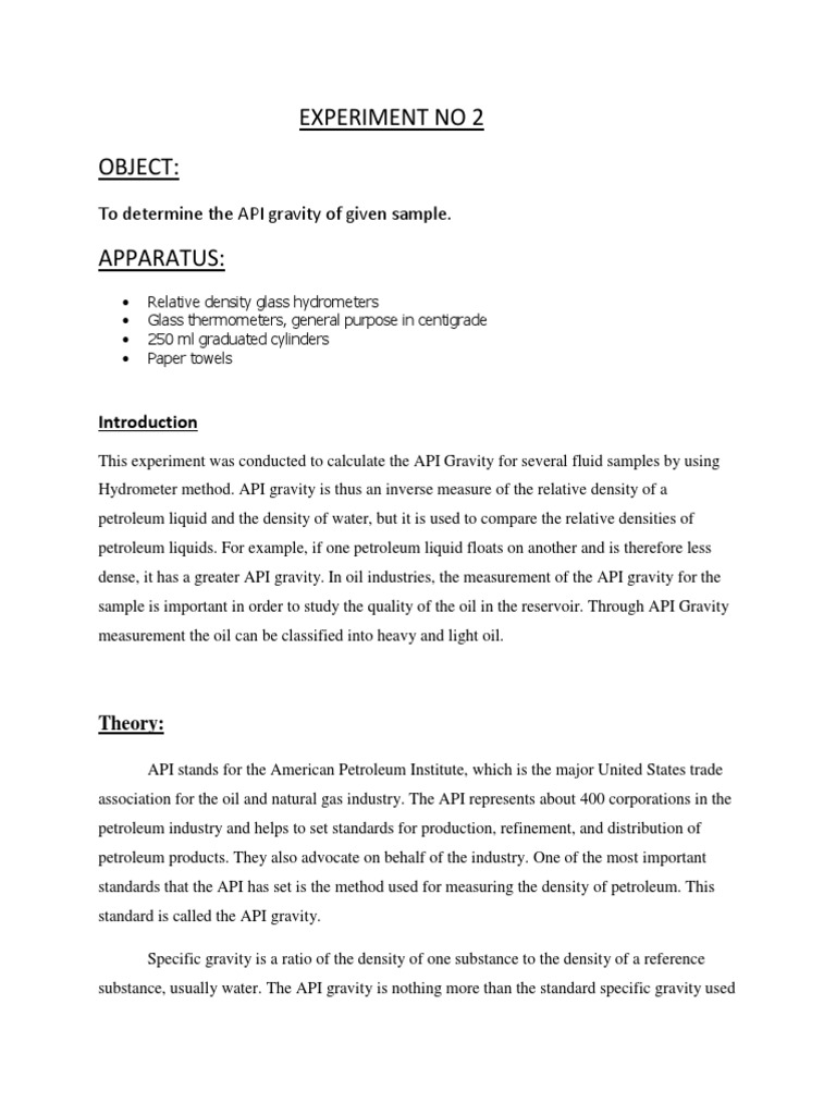 Experiment No 2 Object:: To Determine The API Gravity of Given Sample ...