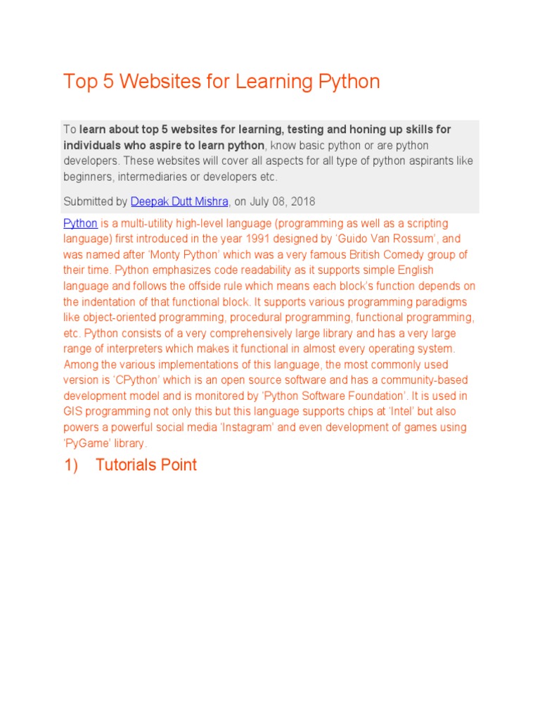 Top 5 Websites For Learning Python: 1) Tutorials Point | PDF | Python ...