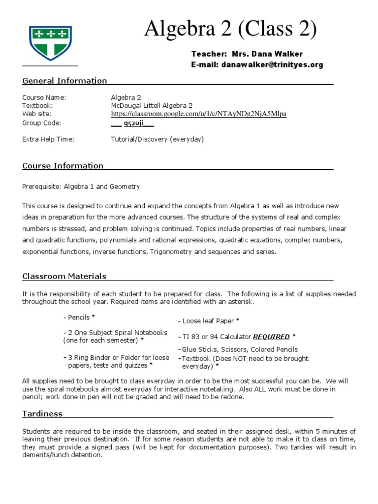 Algebra 2 Class 2 18-19 Syllabus | PDF | Algebra | Homework