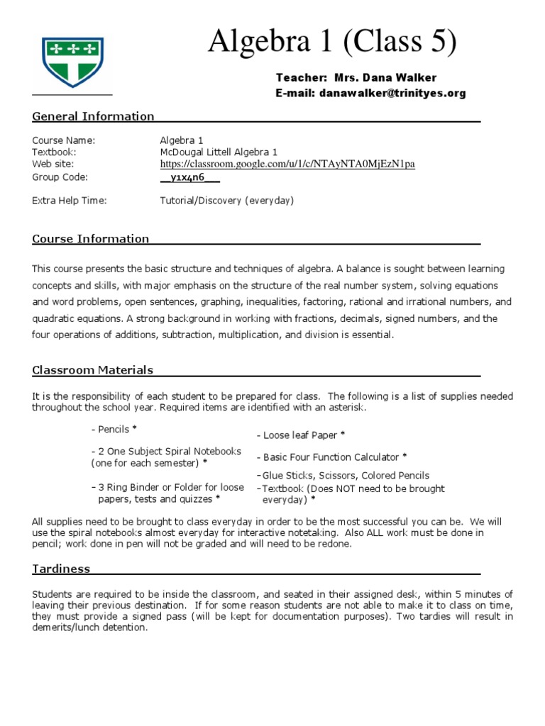 Algebra 1 (Class 5) : Teacher: Mrs. Dana Walker | PDF | Homework ...